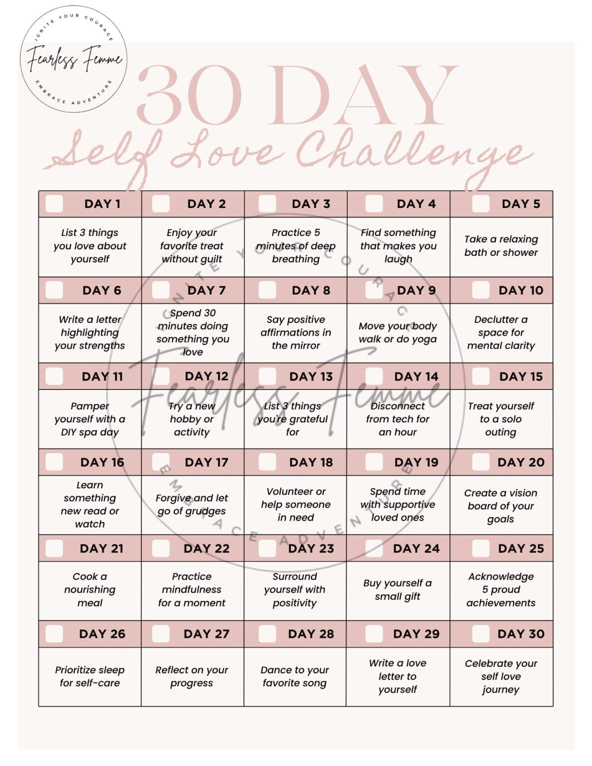 30 Day Self Love Challenge Sheet - Fearless Femme