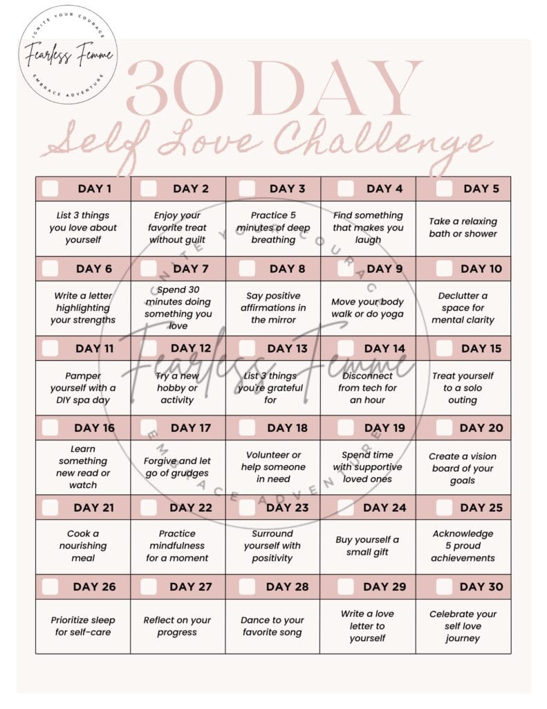 30 Day Self Love Challenge Sheet